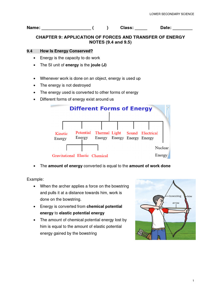Chap 9 Application of Forces and Transfer of Energy - Notes (9.4 and 9. ...