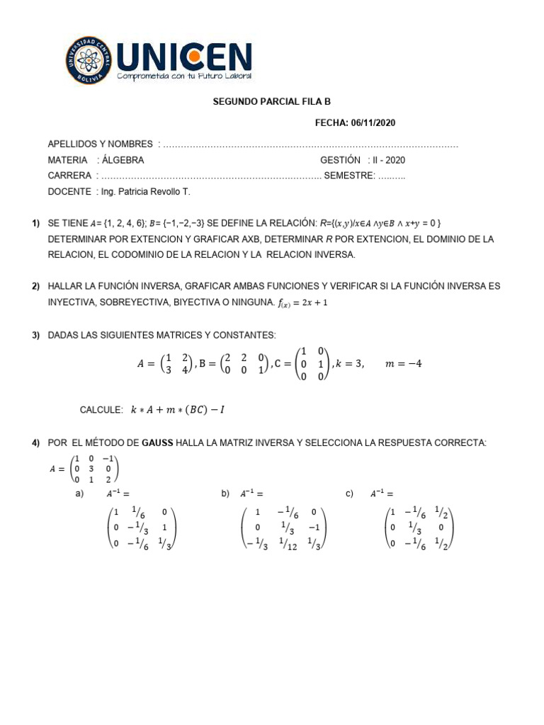 Segundo Parcial Fila B | PDF | Función (Matemáticas) | Matriz (Matemáticas)