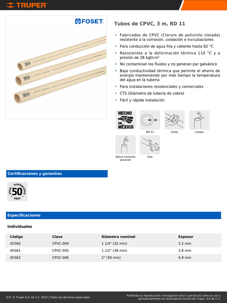 Ficha Técnica CPVC | PDF | Tubería (transporte de fluidos) | Materiales de construcción
