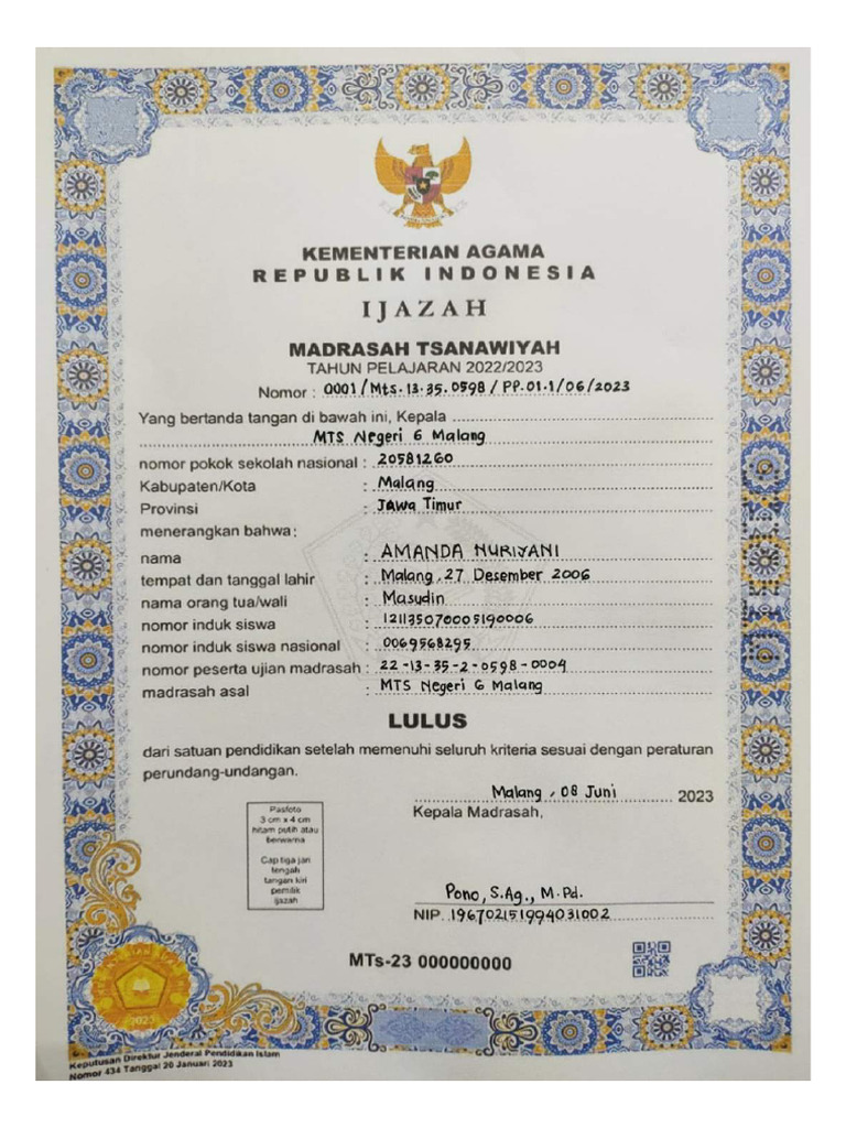 Juknis Penulisan Blangko Ijasah Madrasah 2023 | PDF