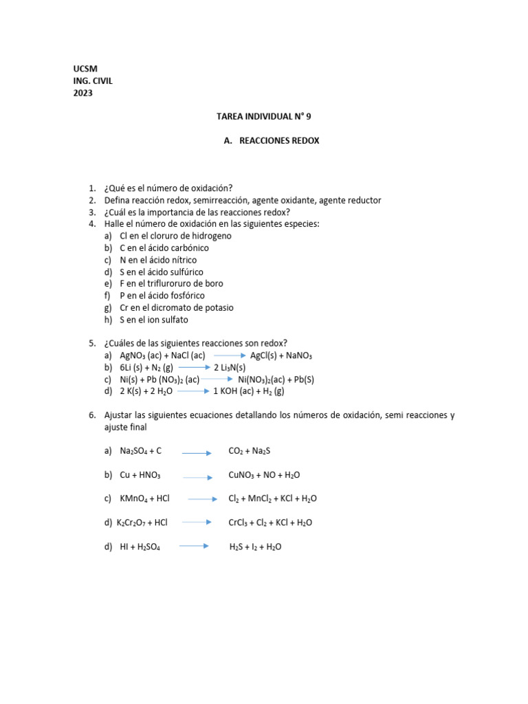 Tarea Individual 9. Reacciones Redox - Electroquimica | PDF | Redox | Electroquímica