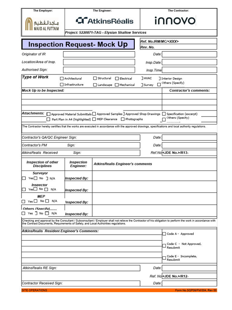 Inspection Request - Mock Up Form No - SQP09-FM-004, Rev 00 230709 ... Inspection Request - Mock Up Form No - SQP09-FM-004, Rev 00 230709 ...