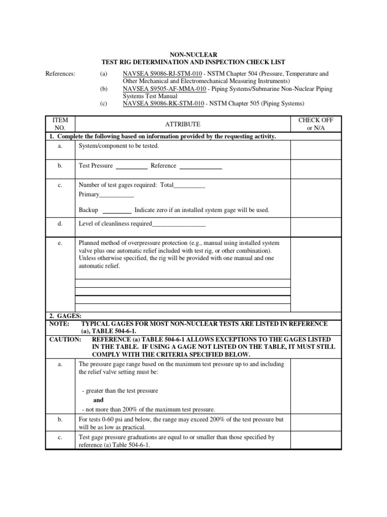 Non-Nuclear Test Rig Determination and Inspection Check List | PDF ...