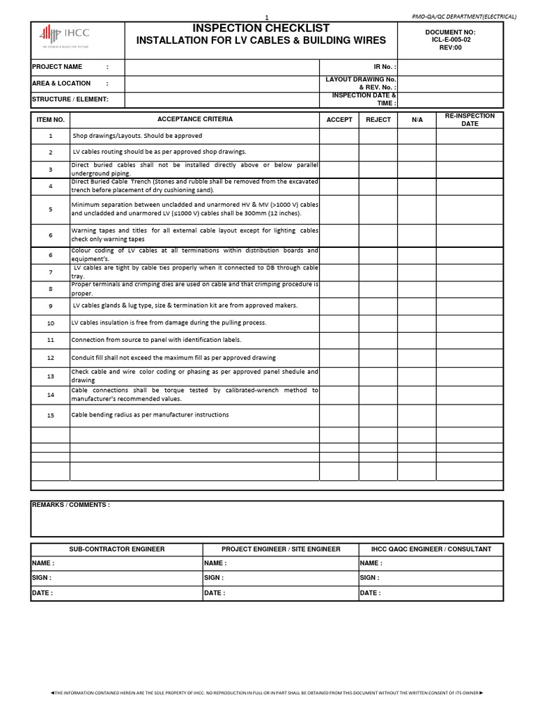 LV Cable Installation Inspection Checklist | PDF | Electrical Wiring ...