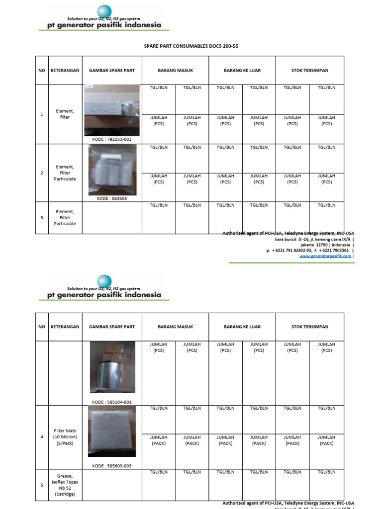 Cek List Spare Part Consumables Docs 200 | PDF