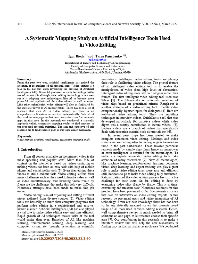 A Systematic Mapping Study On Artificial Intelligence Tools Used in Video Editing | PDF ...
