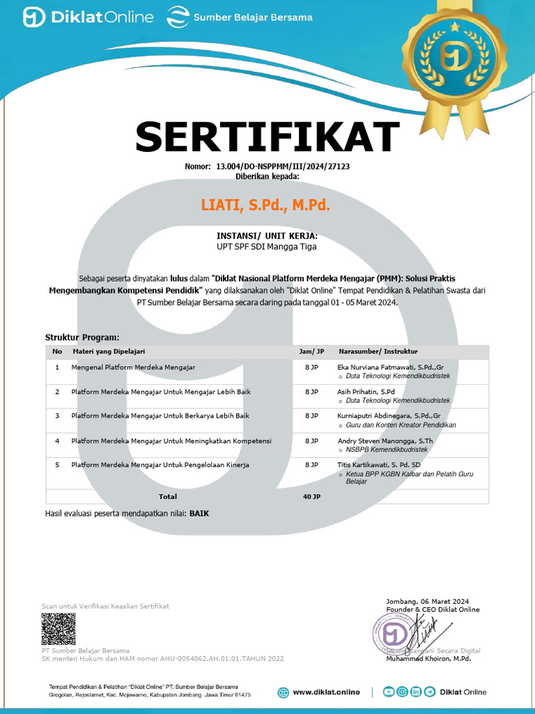 Sertifikat - LIATI, S.PD., M.Pd. - UPTSPFSDIManggaTiga | PDF