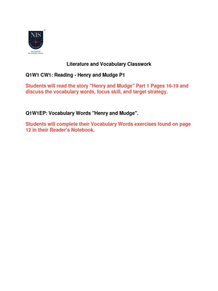 Literature and Vocabulary Classwork Q1W1 CW1: Reading - Henry and Mudge ...