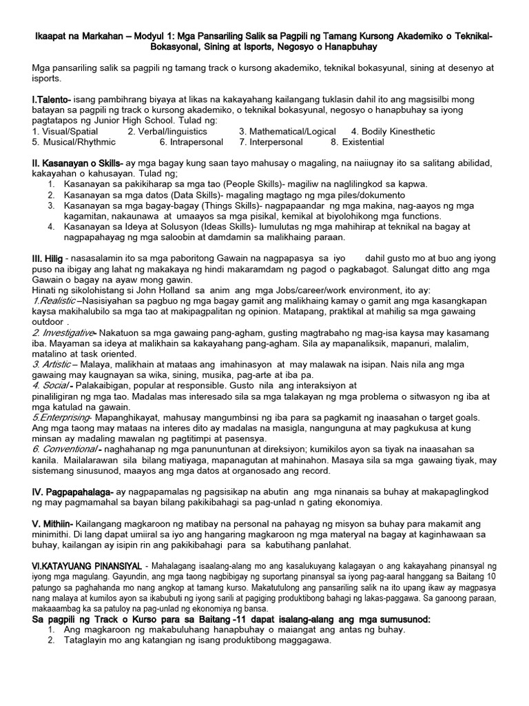 Esp9 Q4 Pagpili NG Kurso Notes | PDF