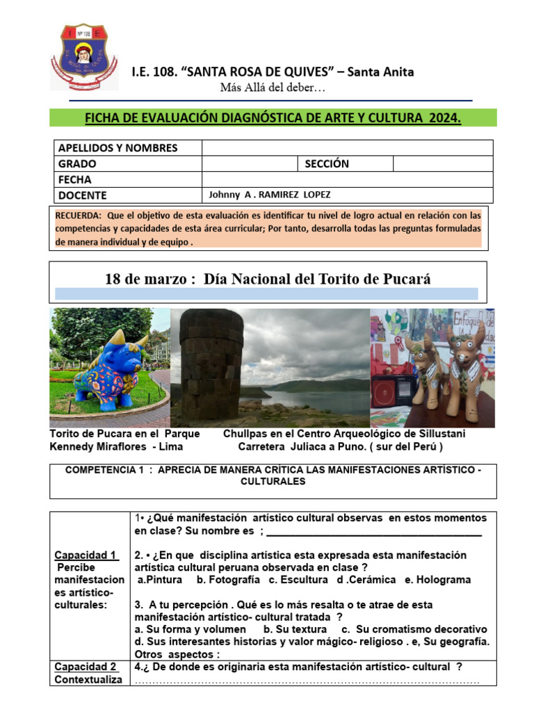 Evaluacion Diagnostica Arte Y Cultura 2024 Torito De Pucara Pdf 8977