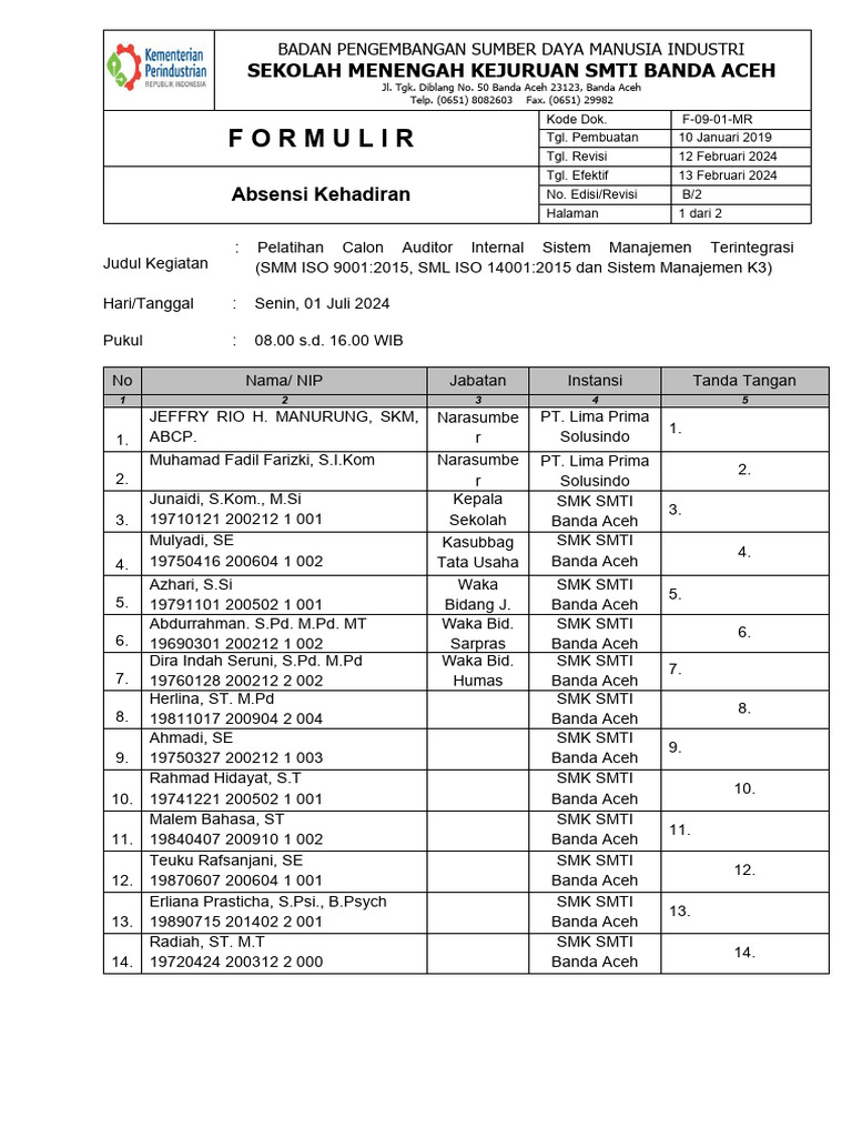 Absensi Diklat Calon Peserta Audit Internal | PDF