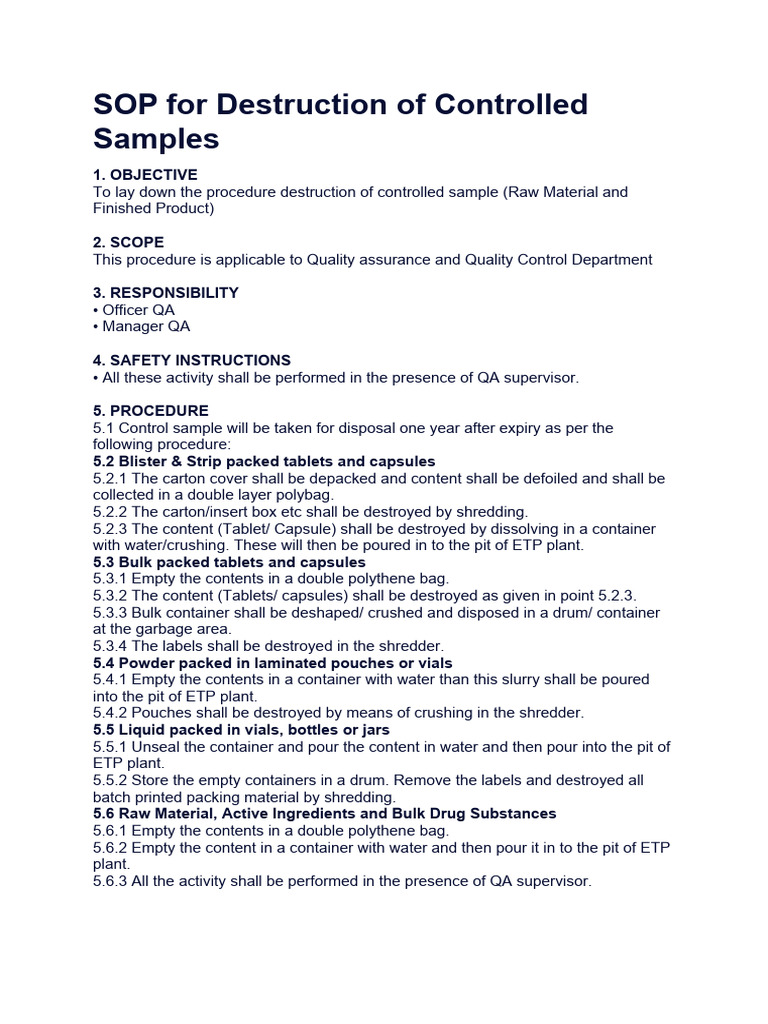 Control Sample Destruction | PDF | Tablet (Pharmacy)