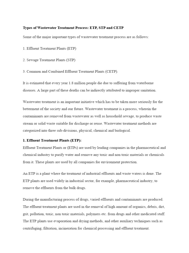 Types of Wastewater Treatment Process: ETP, STP and CETP | PDF | Sewage ...