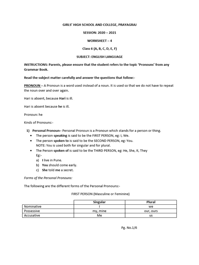Class 6 English Language Worksheet 4 Copy 1 | PDF | Grammatical Gender ...