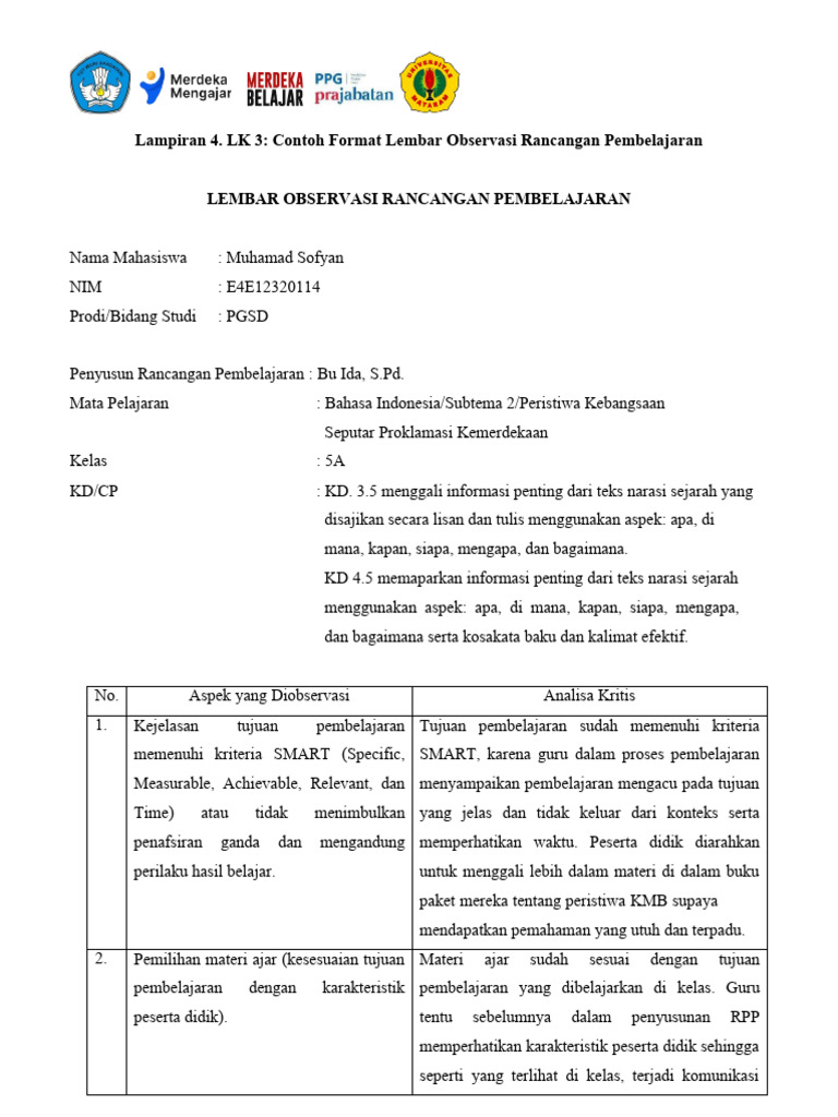 Lampiran 4. LK 3 Observasi Rancangan Pembelajaran SDN 19 Cakranegara | PDF