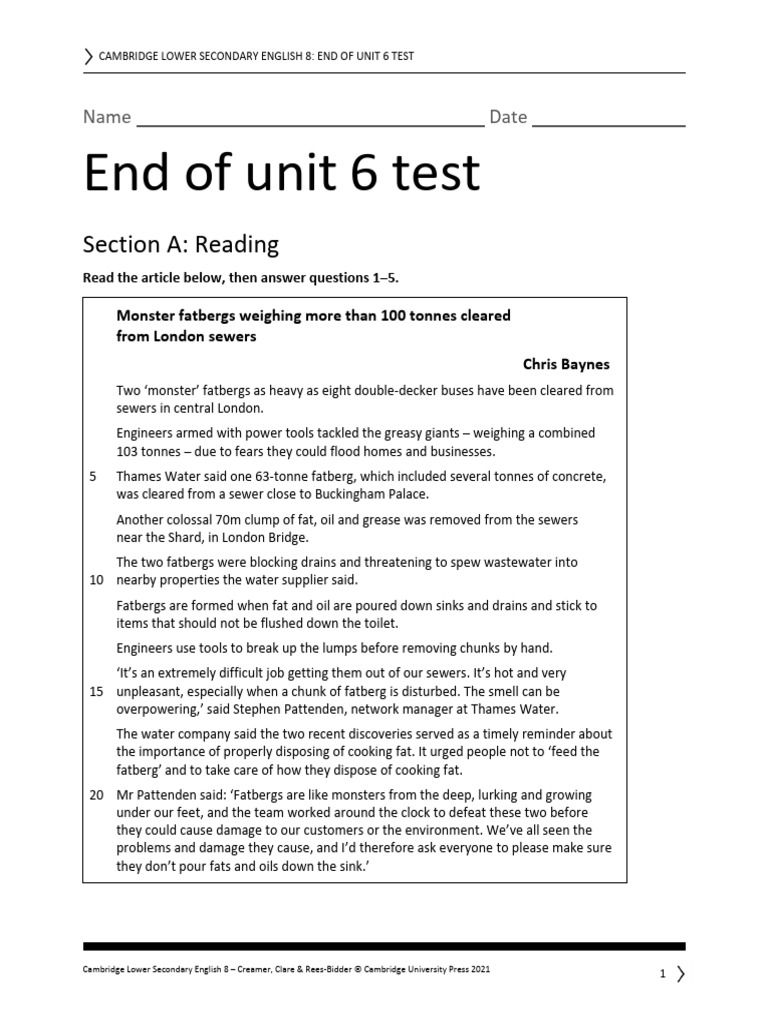 End of Unit 6 English Test for Grade 8 | PDF | Environmental ...
