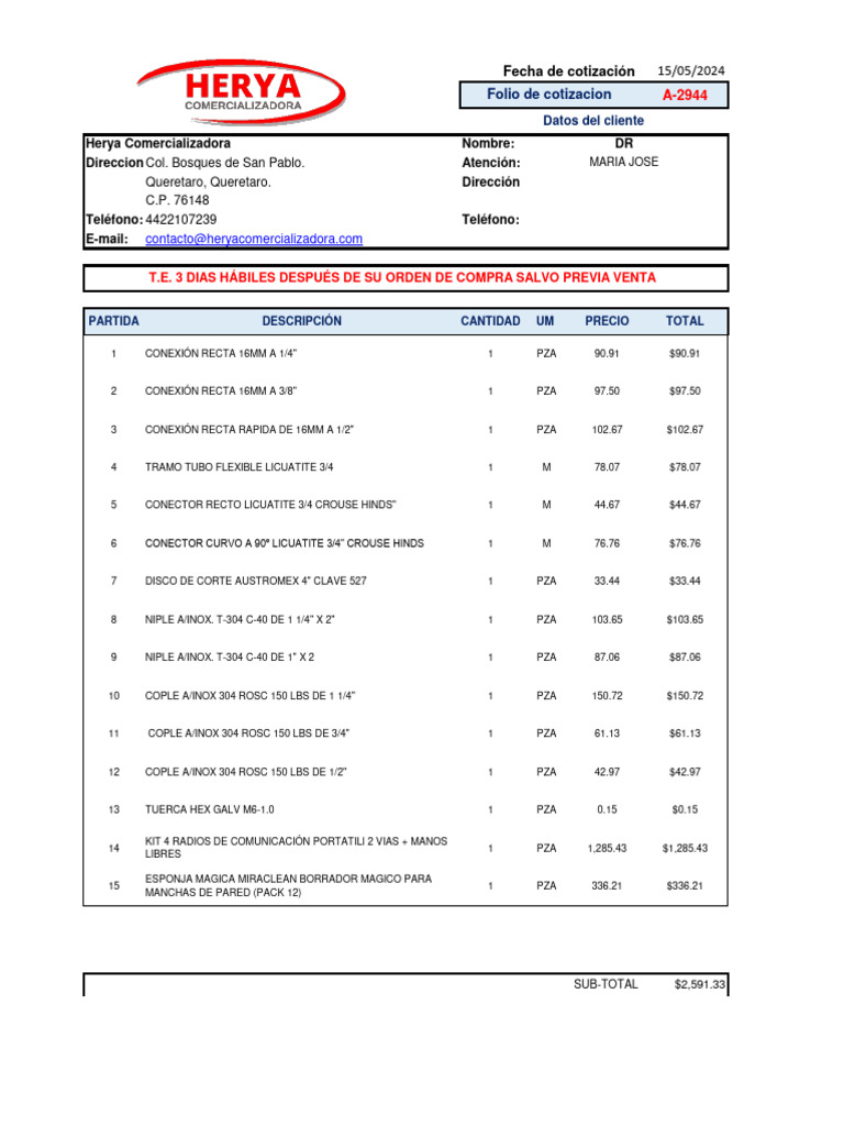 Cotización de Materiales Herya 2024 | PDF