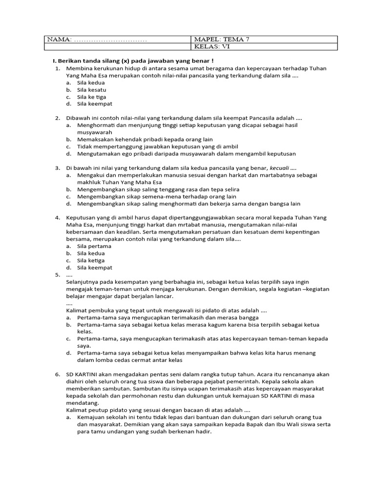 Soal Pas Kelas 6 Tema 7 | PDF | Seni & Disiplin Bahasa | Kajian Bahasa Asing