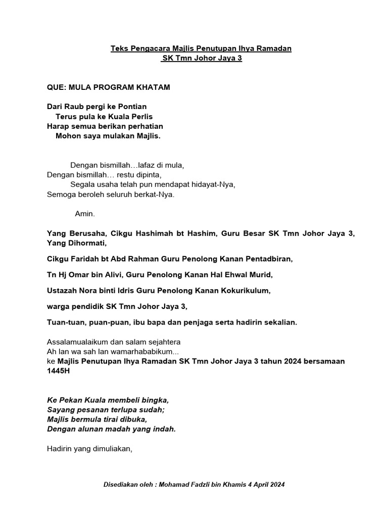 Teks Pengacara Majlis Penutupan Ihya Ramadan 2024 | PDF