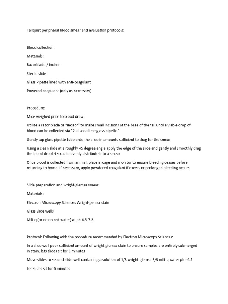 Tallquist Peripheral Blood Smear and Evaluation Protocols | PDF