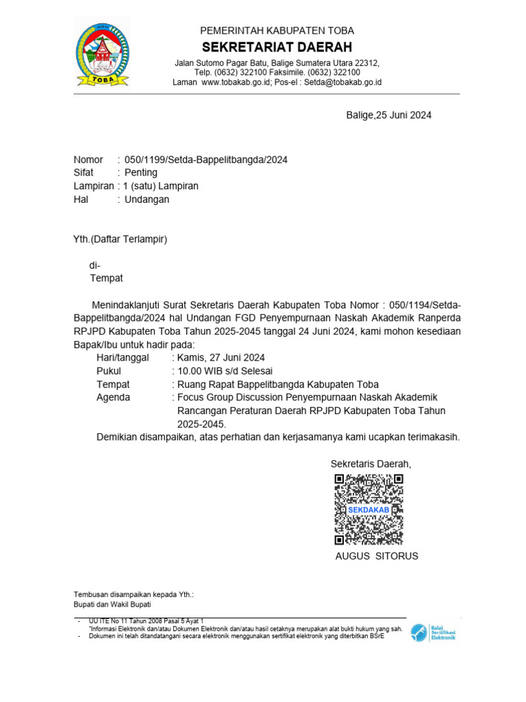 Undangan FGD Penyempurnaan Naskah Akademik RPJPD Toba - Signed | PDF