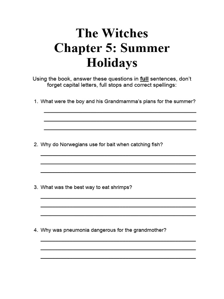 The Witches Chapter 5 - Summer Holidays (Worksheet) | PDF