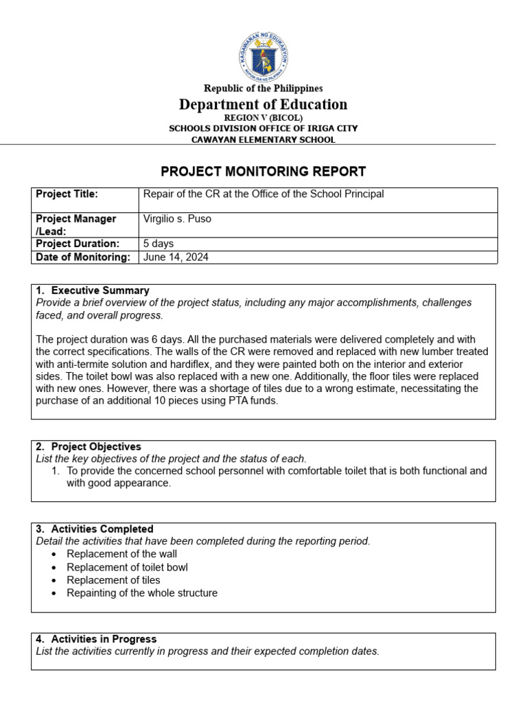 Project Monitoring Report Template | PDF | Business