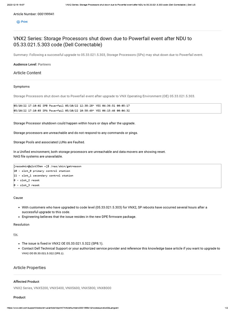 VNX2 Series - Storage Processors Shut Down Due To Powerfail Event After NDU To 05.33.021.5.303 ...