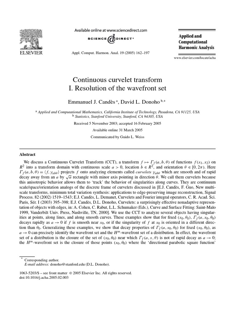 Continuous Curvelet Transform I. Resolution of The Wavefront Set | PDF | Wavelet | Distribution ...