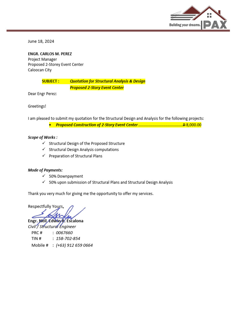 Quotation For Structural Design Fees (2-Storey) - 061824 | PDF