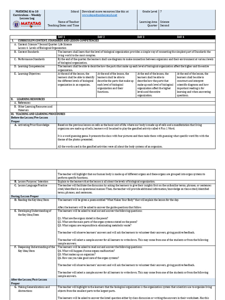Official MATATAG Weekly Lesson Log Format | PDF | Learning | Curriculum