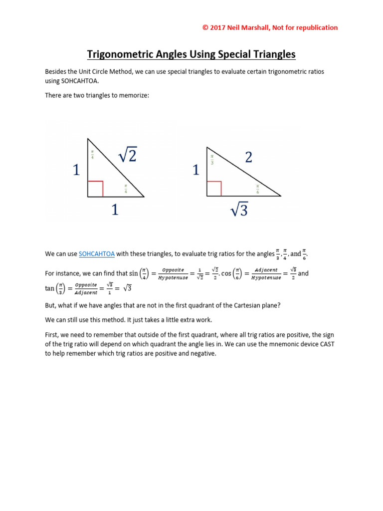Trigonometric Angles Using Special Triangles | PDF | Trigonometric Functions | Complex Analysis