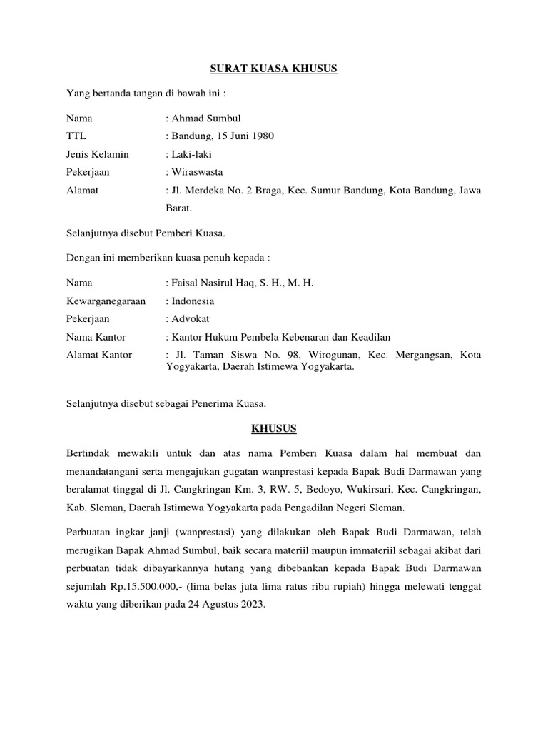 1-Surat Kuasa Penggugat (28 Ags) | PDF | Hukum