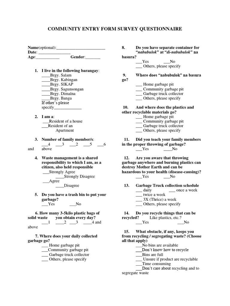 Community Entry Form Survey Questionnaire v1 | PDF | Waste | Recycling