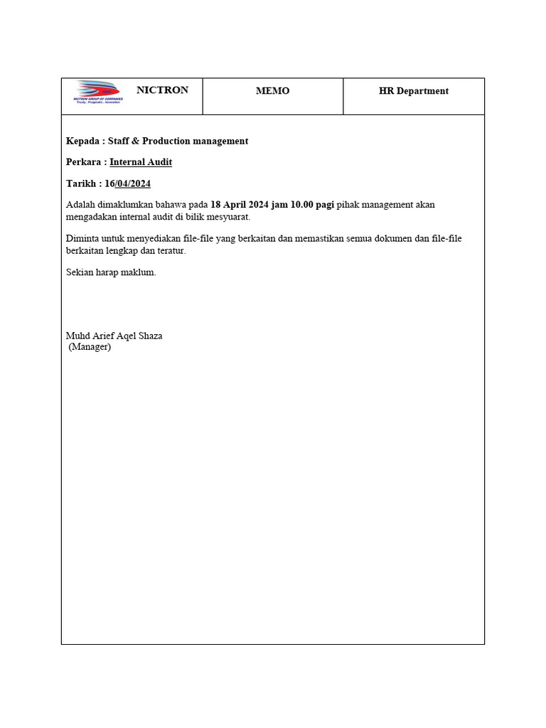 MEMO INTERNAL AUDIT | PDF