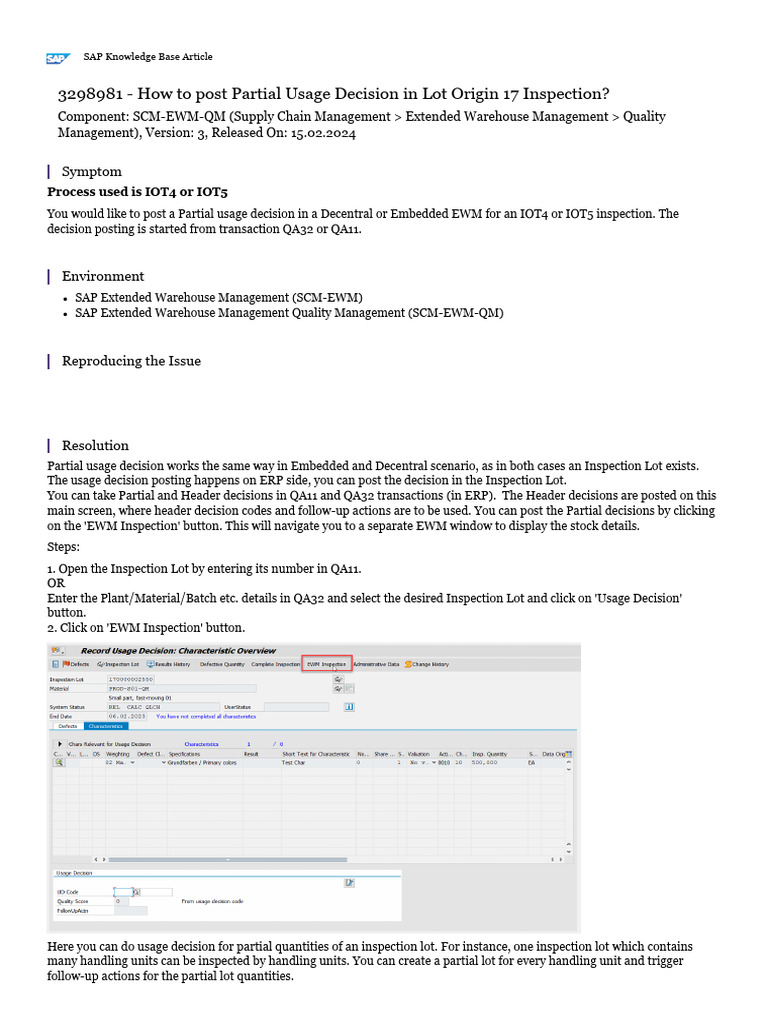How To Post Partial Usage Decision in Lot Origin 17 Inspection | PDF ...