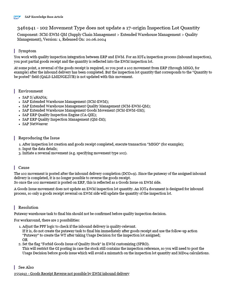 102 Movement Type and Inspection Lot Issue | PDF | Enterprise Resource ...