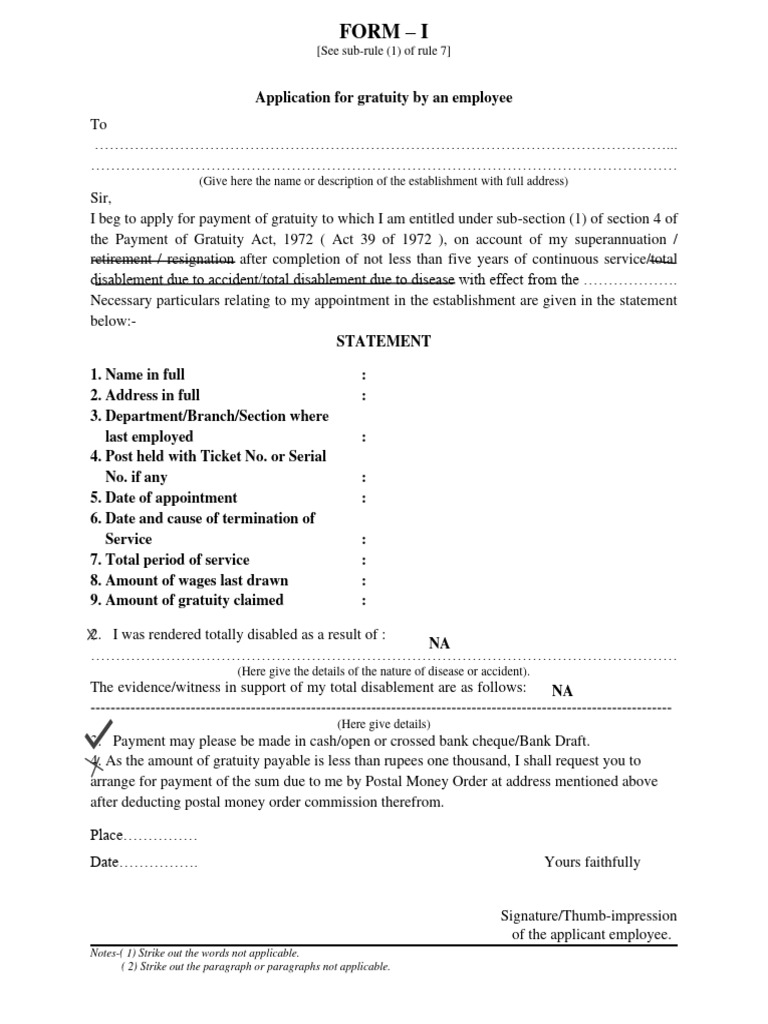 Form I | PDF | Gratuity