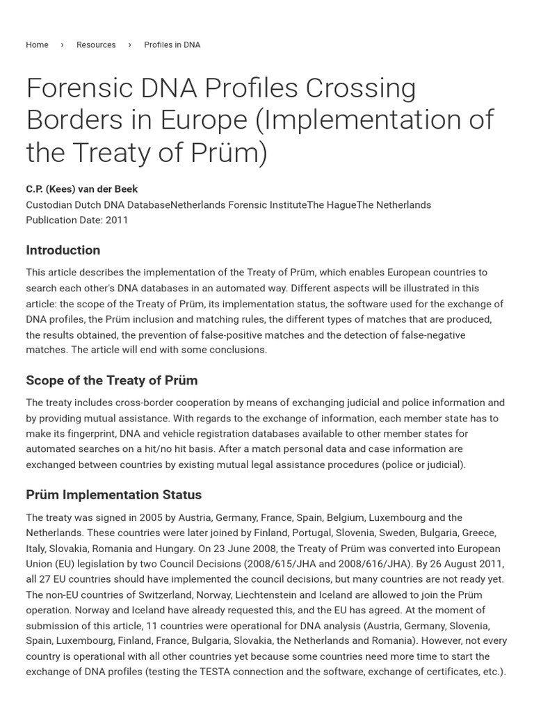 Forensic DNA Profiles Crossing Borders in Europe (Implementation of The ...