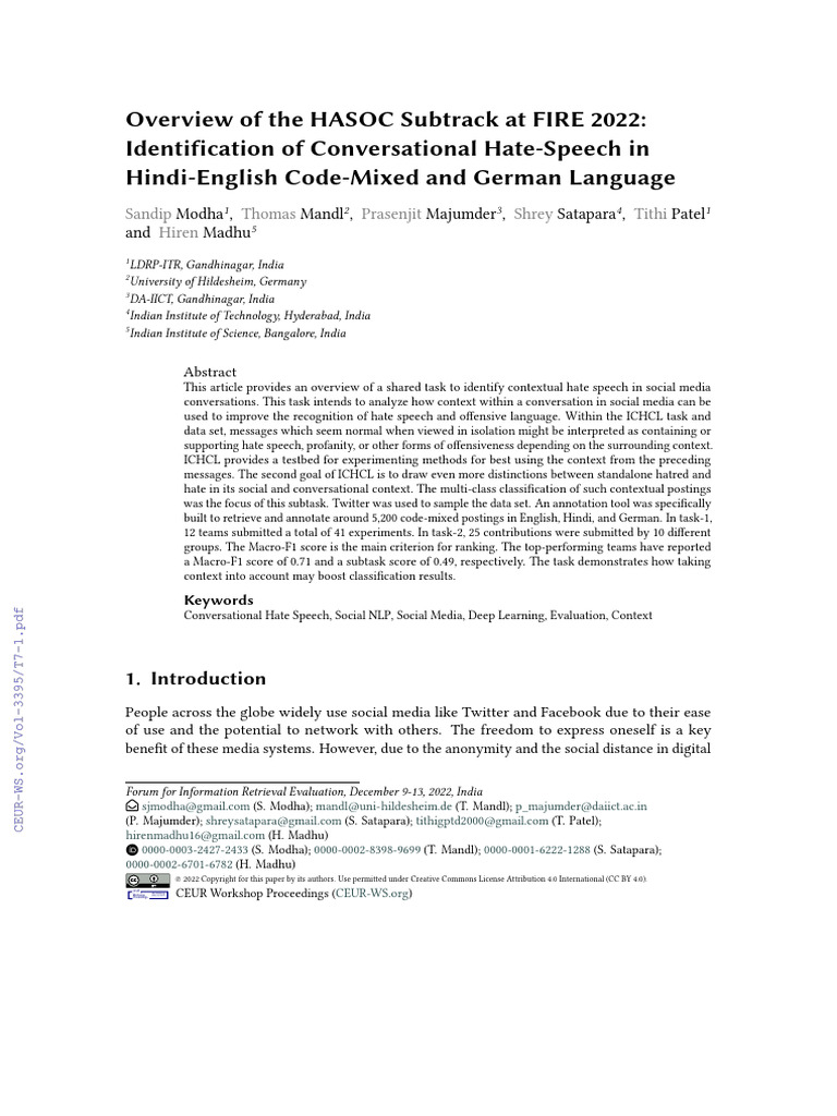 Overview of The HASOC Subtrack at FIRE 2022 Identification of Conversational Hate-Speech in ...