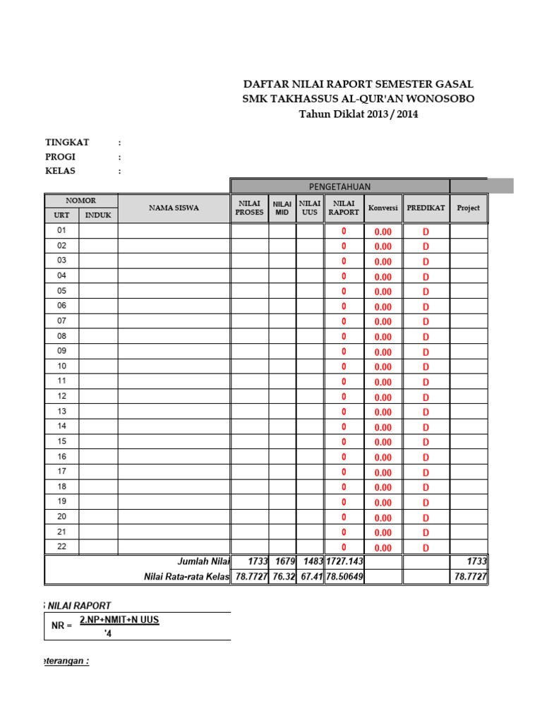 Form Nilai Raport | PDF