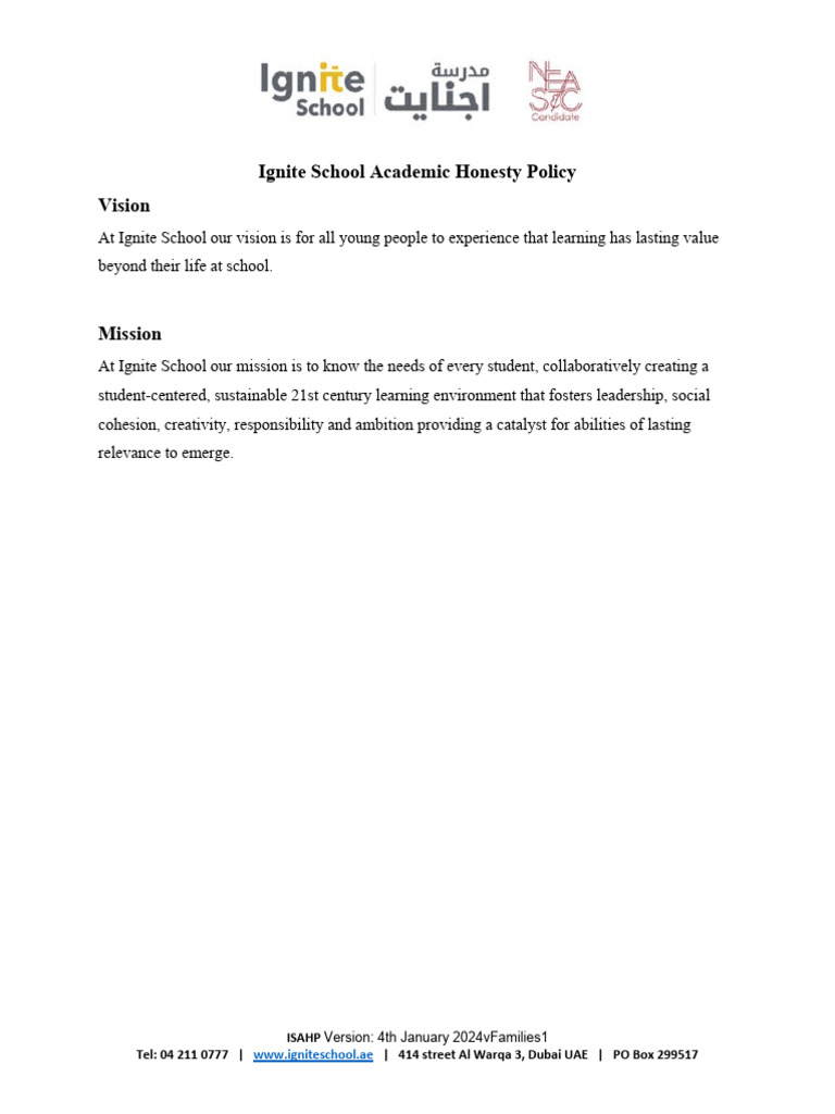 Ignite School Academic Honesty Policy Version 2024 | PDF | Academic ...