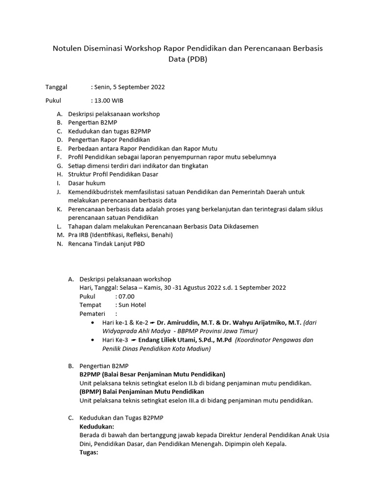 Notulen Diseminasi Workshop Rapor Pendidikan Dan Perencanaan Berbasis Data | PDF | Bisnis
