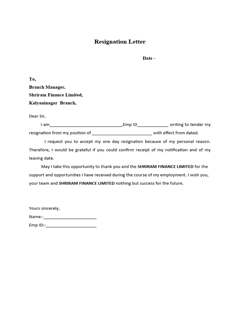 Shriram Finance Resignation Letter Format | PDF