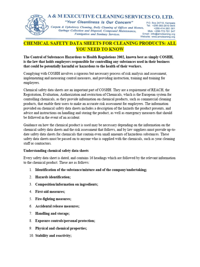 CLEANING CHEMICALS REVIEW MSDS | PDF | Occupational Safety And Health | Safety