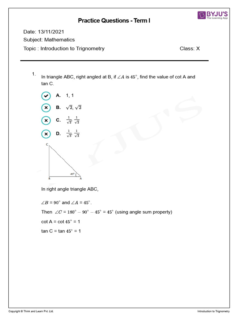 CBSE-Class-10-Introduction-to-Trigonometry-MCQ-Practice-Solutions ...