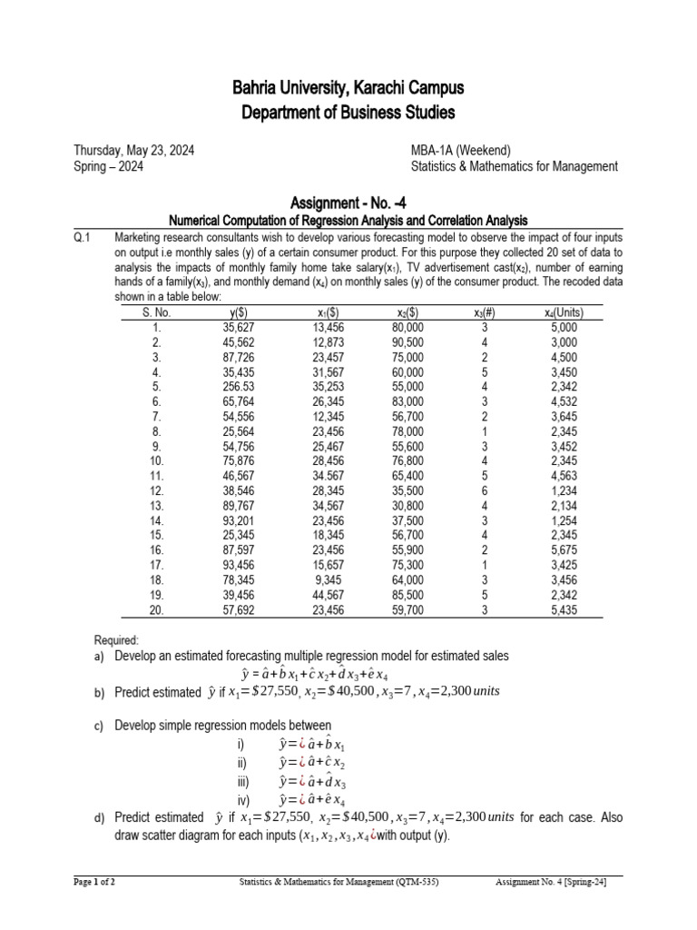 Regression Analysis Assignment Spring 2024 Pdf Prediction Statistics 7269