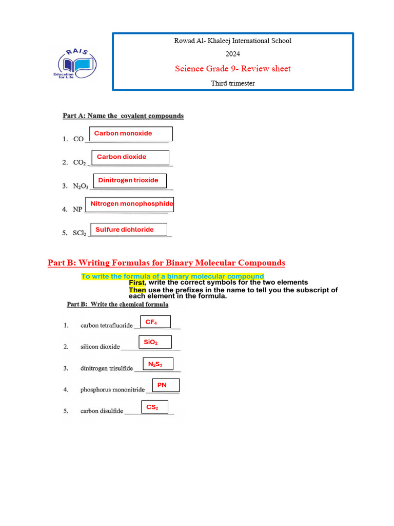 Grade 9 - Review Sheet | PDF | Chemical Reactions | Chemical Substances Grade 9 - Review Sheet | PDF | Chemical Reactions | Chemical Substances