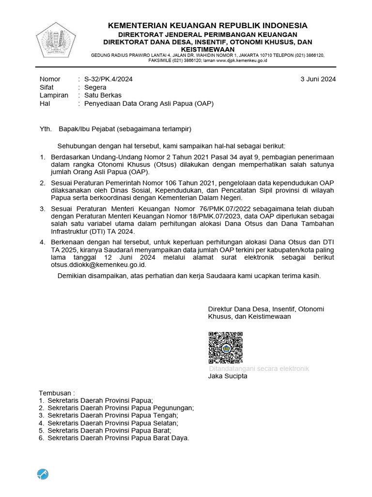Surat Permintaan Data Orang Asli Papua (OAP) | PDF