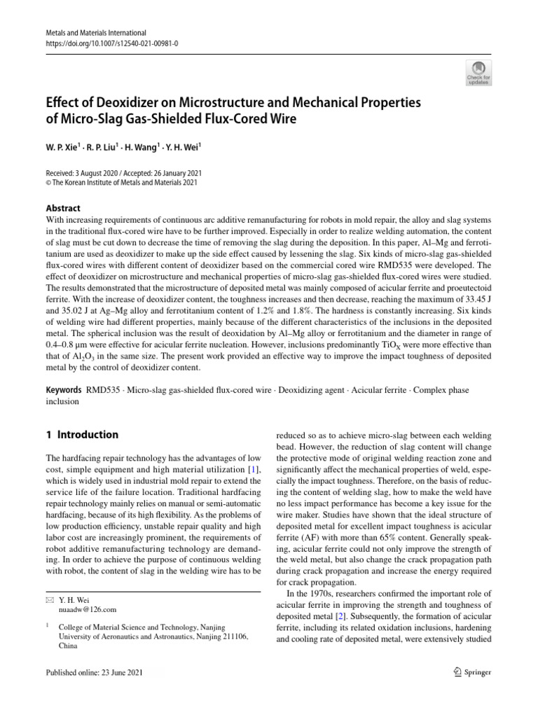 Effect of Deoxidizer On Microstructure and Mechanical Properties of Micro Slag Gas Shielded Flux ...